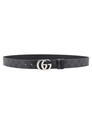 Gucci Gg Coated Canvas And Leather Belt With Double G Buckle - Nero