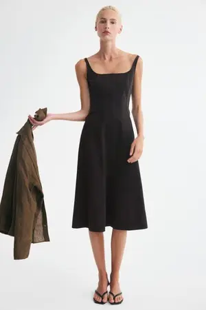 H&M Denim Midi Dress With Flared Skirt - Dark Brown