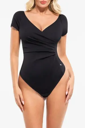 POPILUSH Portrait Neckline Draped Sculpting Bodysuit - Jet