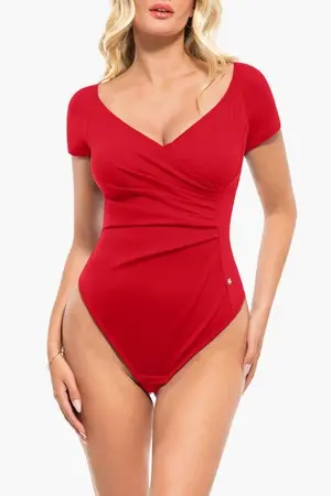 POPILUSH Portrait Neckline Draped Sculpting Bodysuit - Ruby