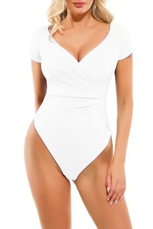 POPILUSH Portrait Neckline Draped Sculpting Bodysuit - Snow