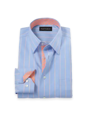 PAUL FREDRICK Cotton Poly Spandex Point Collar Twill Slim Contrast Trim Button Cuff Long Sleeve Blue