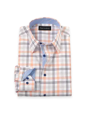 PAUL FREDRICK Cotton Poly Spandex Point Collar Twill Slim Contrast Trim Button Cuff Long Sleeve - Blue/melon