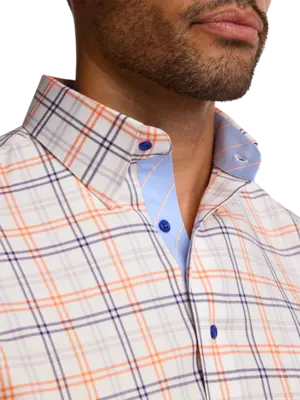 PAUL FREDRICK Cotton Poly Spandex Point Collar Twill Slim Contrast Trim Button Cuff Long Sleeve - Blue/melon