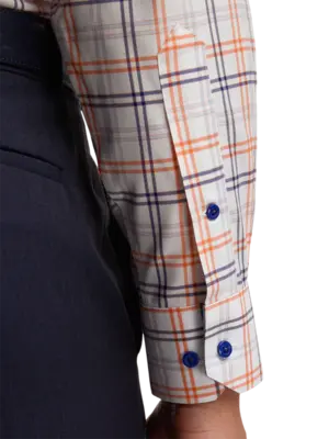 PAUL FREDRICK Cotton Poly Spandex Point Collar Twill Slim Contrast Trim Button Cuff Long Sleeve - Blue/melon