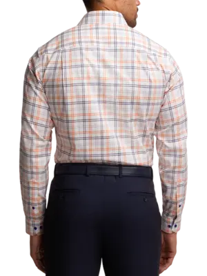 PAUL FREDRICK Cotton Poly Spandex Point Collar Twill Slim Contrast Trim Button Cuff Long Sleeve - Blue/melon