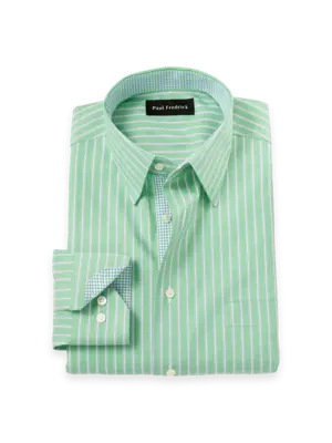 PAUL FREDRICK Cotton Poly Spandex Point Collar Twill Slim Contrast Trim Button Cuff Long Sleeve Green