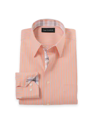 PAUL FREDRICK Cotton Poly Spandex Point Collar Twill Slim Contrast Trim Button Cuff Long Sleeve Melon