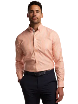 PAUL FREDRICK Cotton Poly Spandex Point Collar Twill Slim Contrast Trim Button Cuff Long Sleeve - Melon