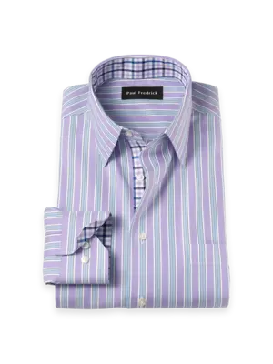 PAUL FREDRICK Cotton Poly Spandex Point Collar Twill Slim Contrast Trim Button Cuff Long Sleeve Purple