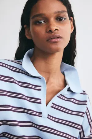 H&M Fine-knit Polo Shirt - Light Blue/striped