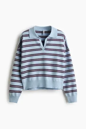 H&M Fine-knit Polo Shirt - Light Blue/striped