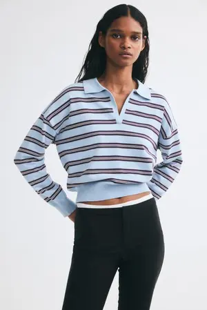 H&M Fine-knit Polo Shirt - Light Blue/striped