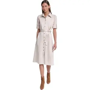 Halston Short Sleeve Suede Midi Shirt Dress - Beige