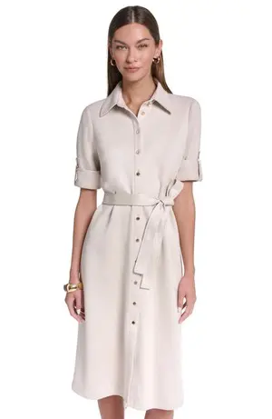 Halston Short Sleeve Suede Midi Shirt Dress