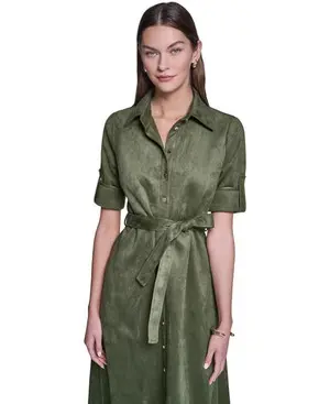 Halston Short Sleeve Midi Shirt Dress - Olive