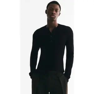 H&M Slim-fit Ribbed Henley Shirt - Black