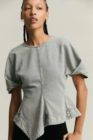 H&M Denim Peplum Blouse With Asymmetric Hem