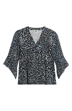 Anne Klein Mixed Media Print Split Neck Blouse - Anne Black/dutch Blue Multi