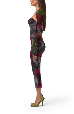 Naked Wardrobe Floral Mesh Sweetheart Neckline Midi Dress