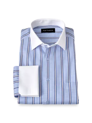 PAUL FREDRICK Cotton Spread Collar Dobby Tailored Contrast Trim French Cuff Long Sleeve - Blue/red