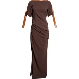 FERRAGAMO Leather Trim Jersey Maxi Dress - Expresso/cognac