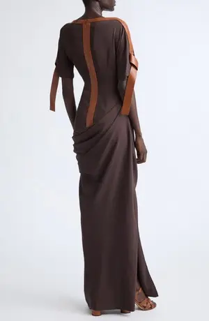 FERRAGAMO Leather Trim Jersey Maxi Dress - Expresso/cognac
