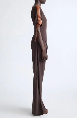 FERRAGAMO Leather Trim Jersey Maxi Dress - Expresso/cognac