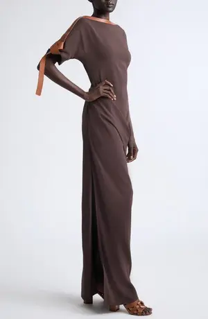 FERRAGAMO Leather Trim Jersey Maxi Dress - Expresso/cognac