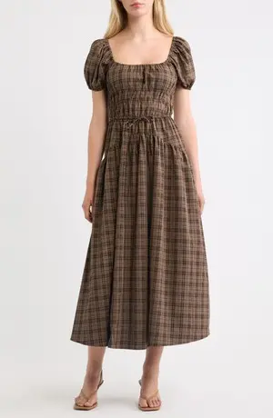 Moon River Sweetheart Neck Puff Sleeve Midi Dress - Mocha Multi