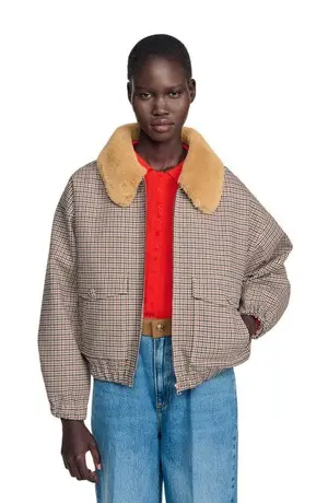 Sandro Faux Fur-lined Checked Coat - Brown