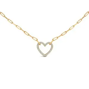 HAUS OF BRILLIANCE Gold Vermeil Diamond Heart Pendant Paperclip Chain Necklace - Silver