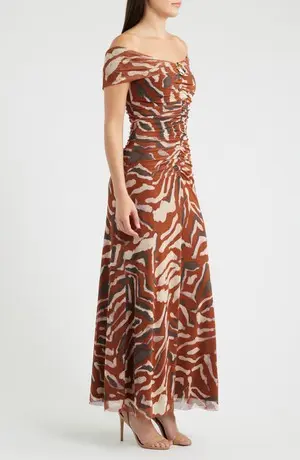 Parker Off-the-shoulder Ruched Mesh Dress