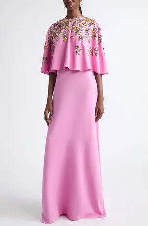 Oscar De La Renta Beaded Botanical Embroidered Stretch Silk Georgette Dress With Capelet