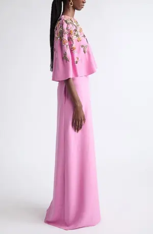 Oscar De La Renta Beaded Botanical Embroidered Stretch Silk Georgette Dress With Capelet