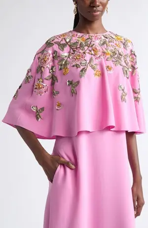 Oscar De La Renta Beaded Botanical Embroidered Stretch Silk Georgette Dress With Capelet