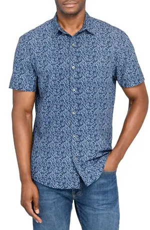W.R.K Slim Fit Floral Stem Short Sleeve Performance Button-up Shirt - Navy