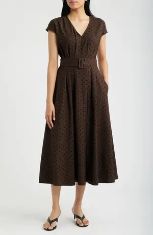 ZOE AND CLAIRE Polka Dot Belted Midi Dress - Brown