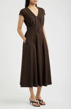 ZOE AND CLAIRE Polka Dot Belted Midi Dress