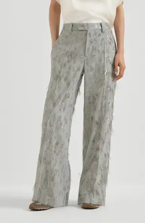 Brunello Cucinelli Virgin Wool And Cashmere Twill Flannel Loose Flared Trousers With Dazzling Lynx Embroidery - Grey