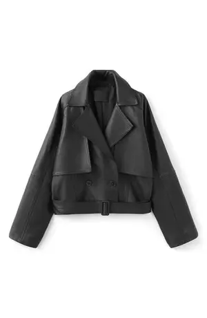 Mango Lapels Leather Jacket - Black
