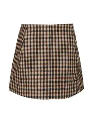 GANNI Checked Wool Mini Skirt - Brown