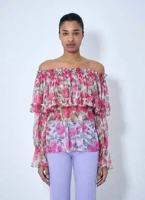 Chloé CHLOÉ Off-Shoulder Ruffled Floral Silk Blouse Pink