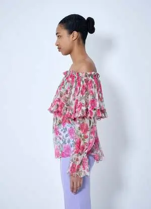 Chloé Off-shoulder Ruffled Floral Silk Blouse - Pink