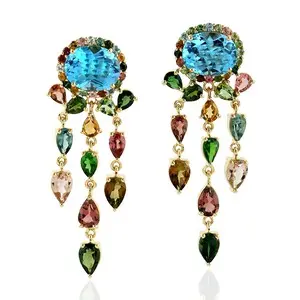 ARTISAN Blue Topaz & Multi Tourmaline Chandelier Earrings In 18k Yellow - Gold
