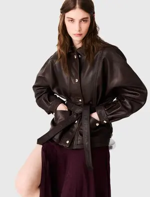 Maje Oversized Leather Jacket With Gold Buttons