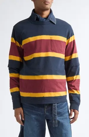 Sacai Chusen Dyed Striped Long Sleeve T-shirt - Navy Multi