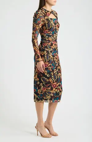 Vince Camuto Floral Print Long Sleeve Mesh Midi Dress