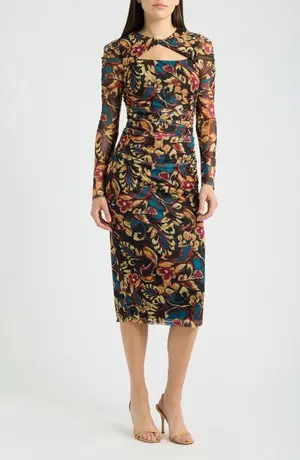 Vince Camuto Floral Print Long Sleeve Mesh Midi Dress - Bml