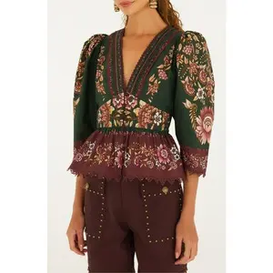 Farm Rio Daniela Floral Cotton Peplum Top - Daniela Green